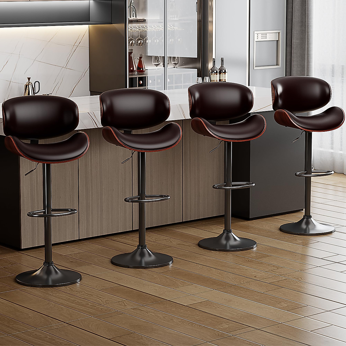 YaFiti Bar Stools Set of 4, Modern Pu Leather Swivel Adjustable Bar Stool Counter Height Stool Set, Bar Chair with Back and Footrest for Kitchen, Dining Room, Brown