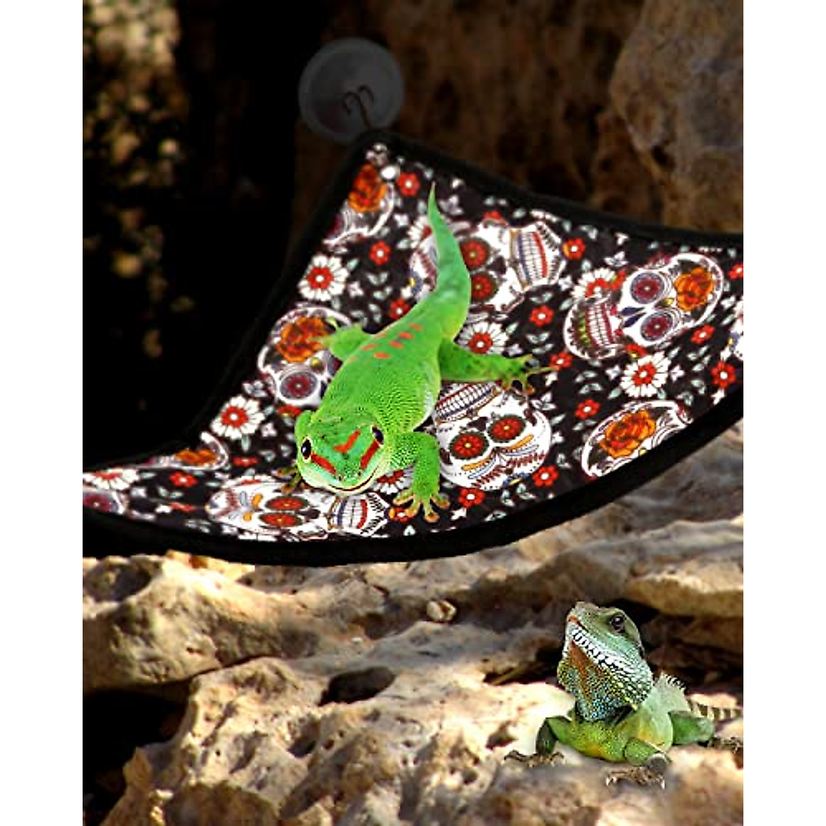 Abizoo Bearded Dragon Hammock, Skull Theme Reptile Lizard Lounger, Punk Style Chameleon Tank Accessories for Leopard Gecko Iguana Snake Frog Hermit crab Halloween Decor