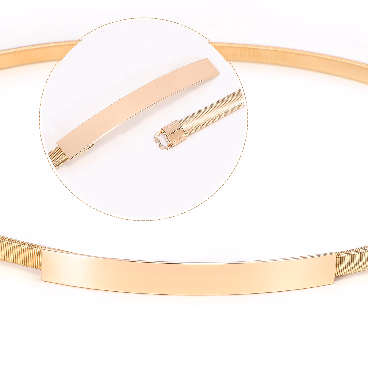 VONMELLI Skinny Elastic Metal Cinch Belt for Dress Stretch Thin Waist Belt for Women Gold Tone M