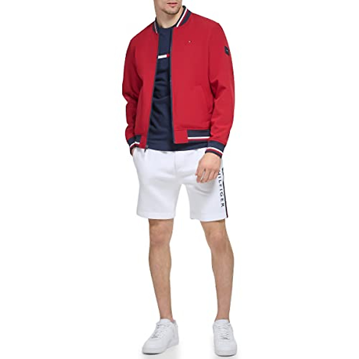 Tommy Hilfiger Men's Lightweight Varsity Rib Knit Bomber Jacket, Red, X-Small