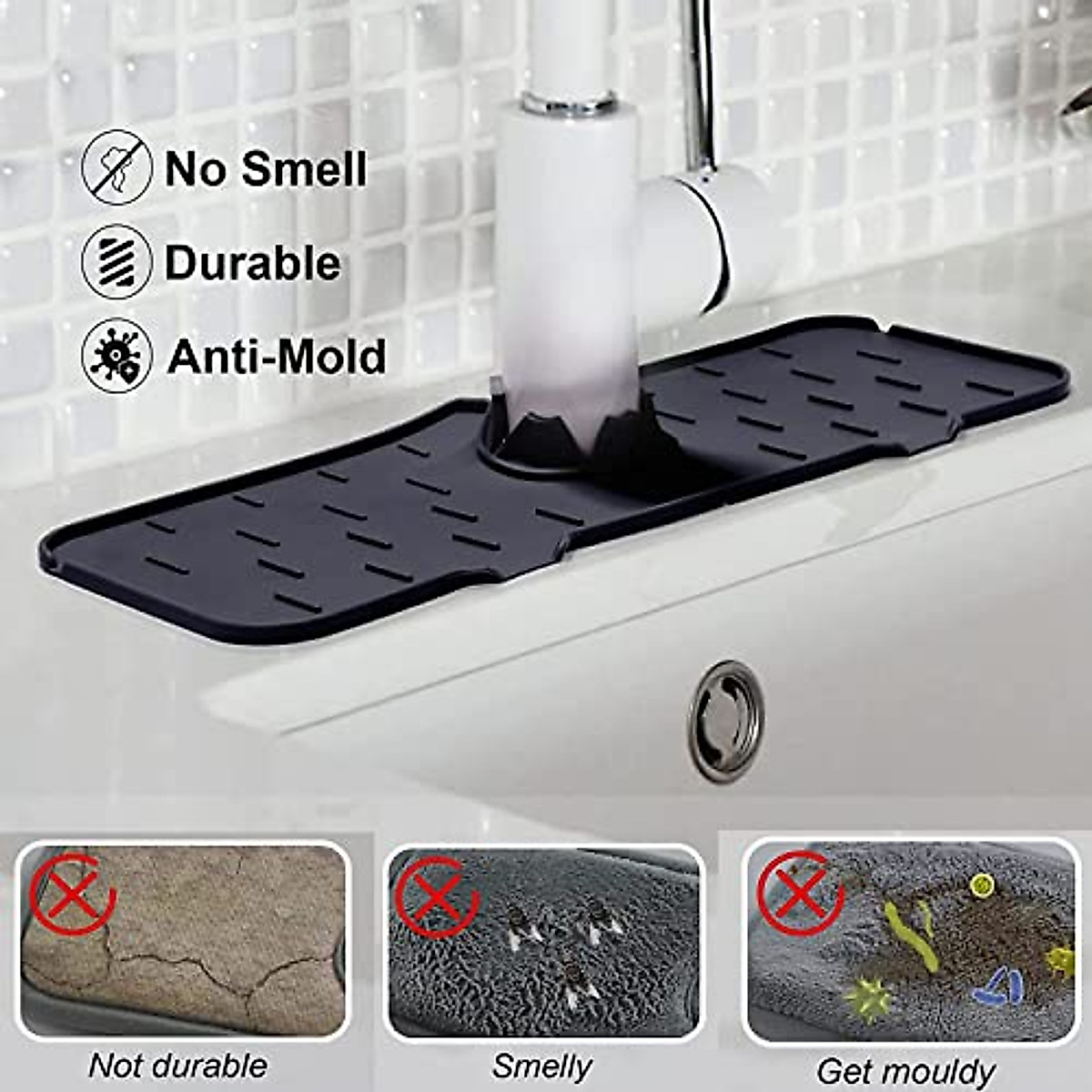 Kitchen Sink Splash Guard, Silicone Faucet Handle Drip Catcher Mat, Sink Splash Drain Drying Pad Behind Faucet, for Kitchen & Bathroom Countertop Protector (Black)