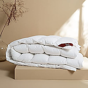 Airluck Feather Down Comforter Queen Size Full Hotel Fluffy Duvet Insert All Seasons Down Blanket Solid White 90x90 inches Medium Warm 50oz Soft Down Proof Cotton Poly Cover with Corner Tabs