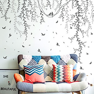 Hanging Willow Branch Wall Stickers DIY Grey Vine Leaf Plant Wall Decals Peel and Stick Grass Birds Butterfly Art Mural Decortions for Kids Baby Girls Nursery Bedroom Living Room Offices Classroom