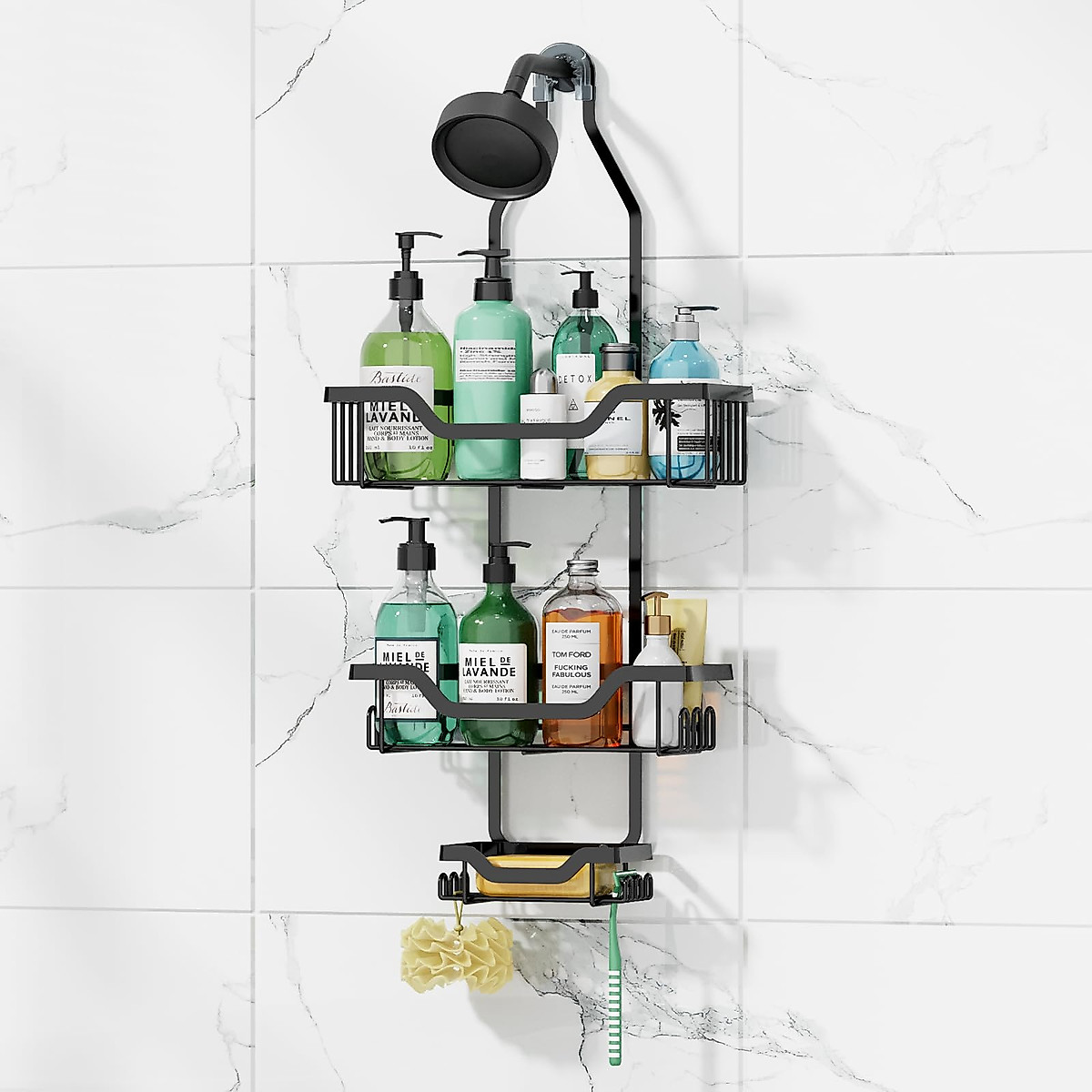 Singolas Shower Caddy Hanging, Over the Shower Head Caddy Organizer with 12 Hooks for Razor and Sponge, Anti-Swing, Rustproof Bathroom Organizers and Storage Hanging Shower Organizer Bathroom Shelves