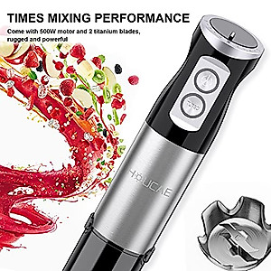 HOUCAE Hand Blender, Turbo for Finer Results, 4-in-1 Gift Set, 500 Watt 6-Speed Immersion Multi-Purpose Hand Blender Heavy Duty Copper Motor Brushed 304 Stainless Steel With Whisk, Milk Frother Attachments. Black.