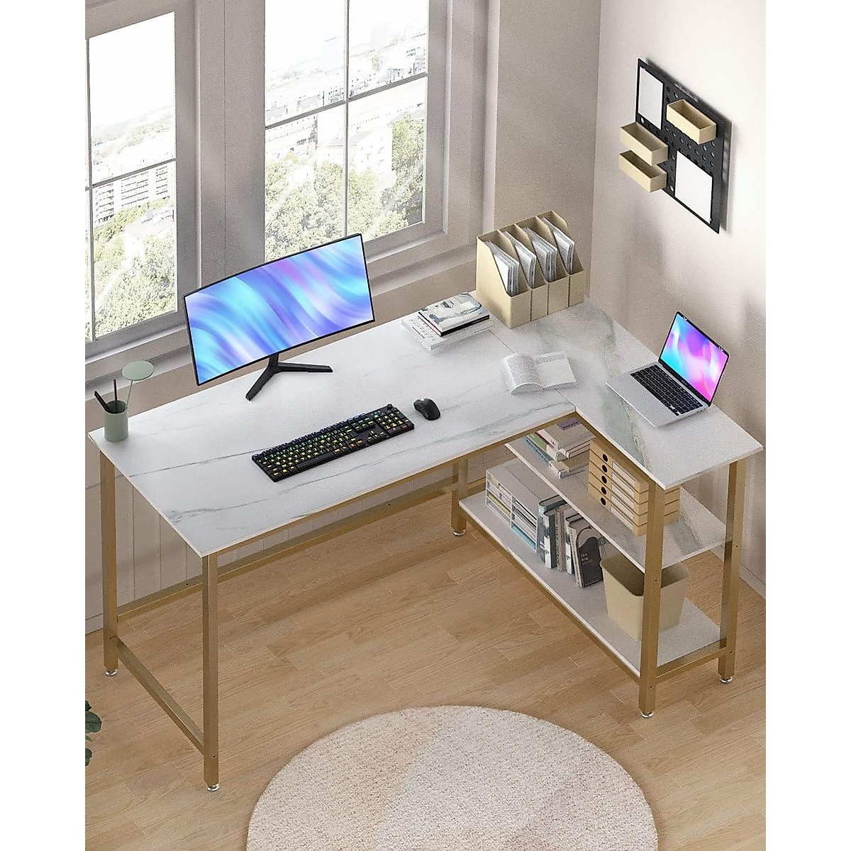 WOODYNLUX L Shaped Computer Desk - Home Office Desk with Shelf, Gaming Desk Corner Table for Work, Writing and Study, Space-Saving, White.
