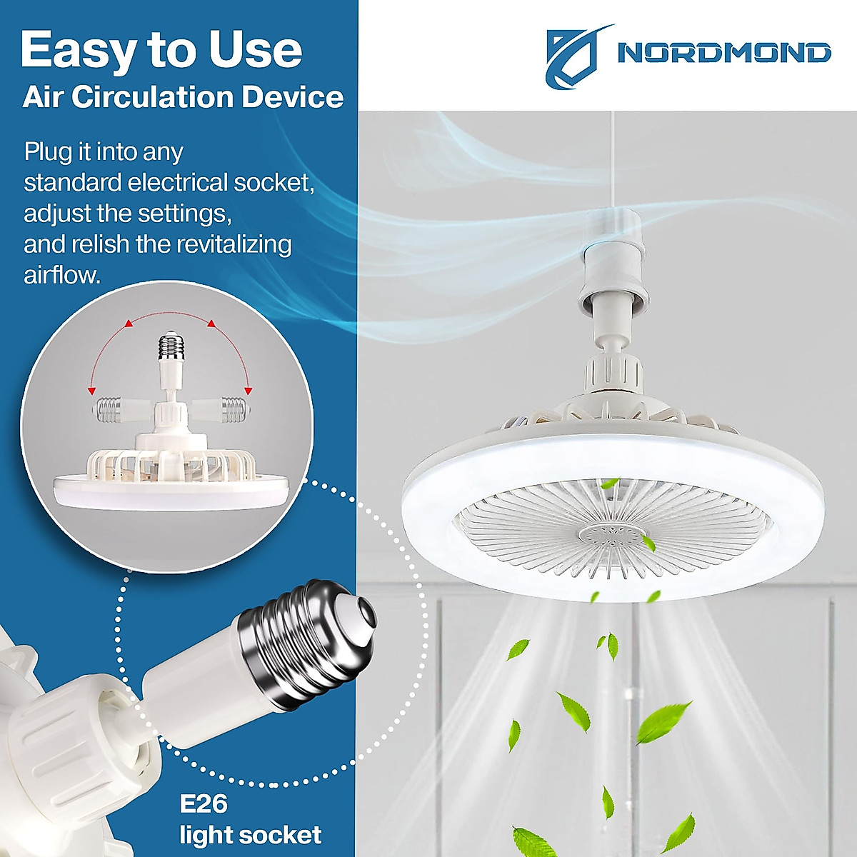 Socket Fan Light With Remote & Fan Light Bulb - 10" Light Bulb Ceiling Fan For Optimal Ventilation & Illumination, The Cutting-edge Fan Light For Bedroom, Garage, Living Room, Kitchen (VentFlow PRO 2)