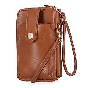 Mundi Jacqui RFID Blocking Crossbody Wallet Bag for Women, Compact Travel Size Cell Phone Holder Purse Vegan Leather, Brown Sugar