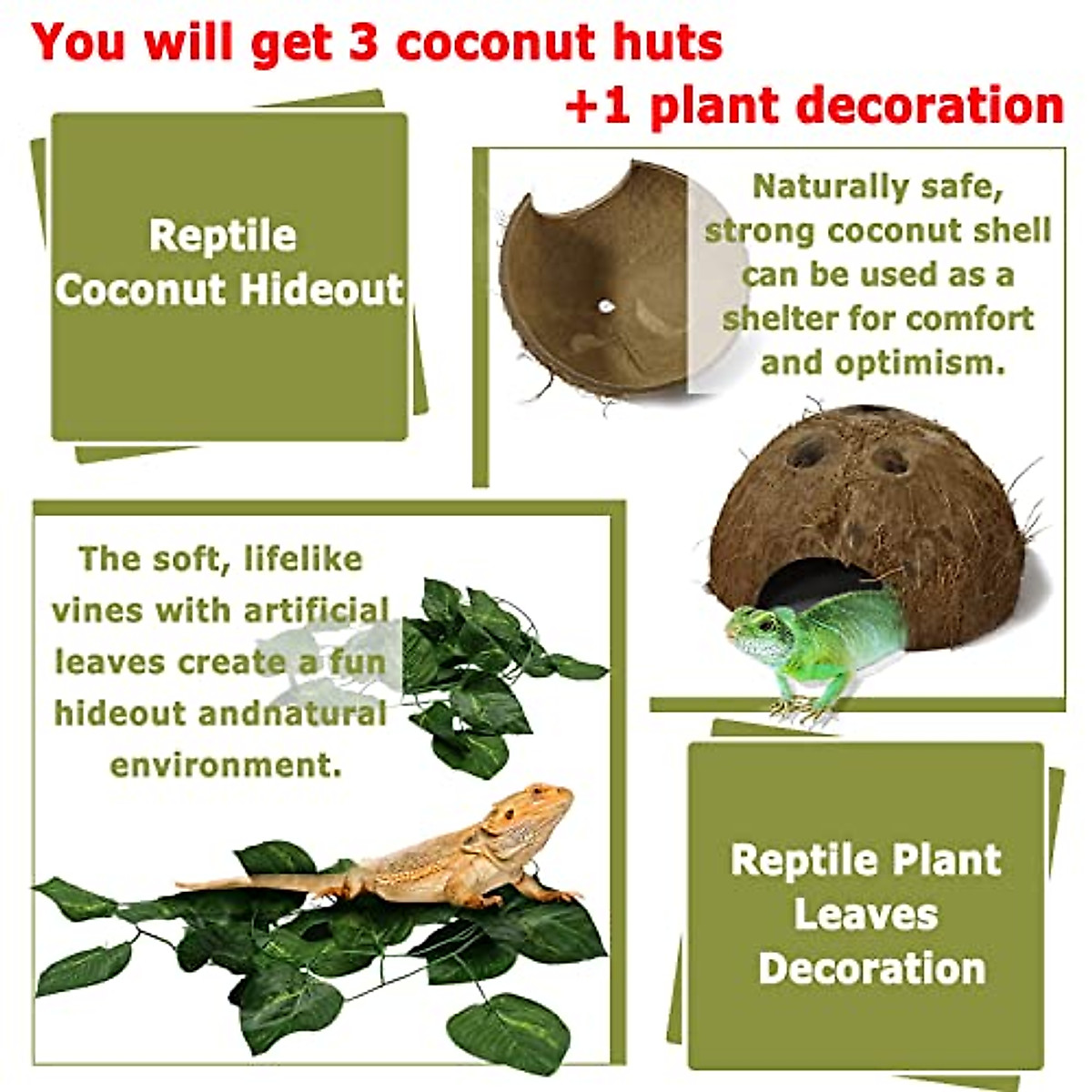Hamiledyi Reptile Hideouts Natural Coconut Shells Hut Small Animal Hide Cave Hermit Crab Climbing Toys Lizard Habitat Decor Plant Leaves Decoration for Gecko Spider Snake Chameleon (4Pcs)