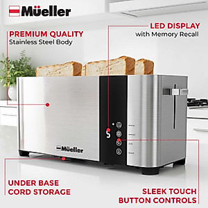 Mueller UltraToast Full Stainless Steel Toaster 4 Slice, Long Extra-Wide Slots with Removable Tray, Cancel/Defrost/Reheat Functions, 6 Browning Levels with LED Display