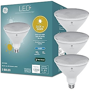 GE LED+ Dusk to Dawn LED Light Bulbs, 15 Watts, Automatic On/Off PAR38 Outdoor Floodlight, Daylight (3 Pack)