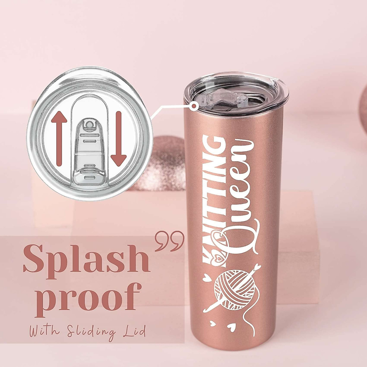 Onebttl Knitting Gifts for Women, Crochet Lovers - Knitting Queen - 20oz/590ml Stainless Steel Insulated Tumbler with Straw & Lid, Crochet Gift for Birthday, Christmas (Rose gold)