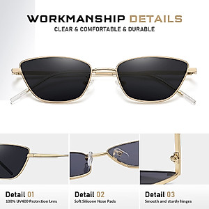 Colrea Vintage Small Cat Eye Sunglasses Fashion Narrow Metal Frame Rectangle Sun Glasses 100% UV Protection CL22009 (Black)