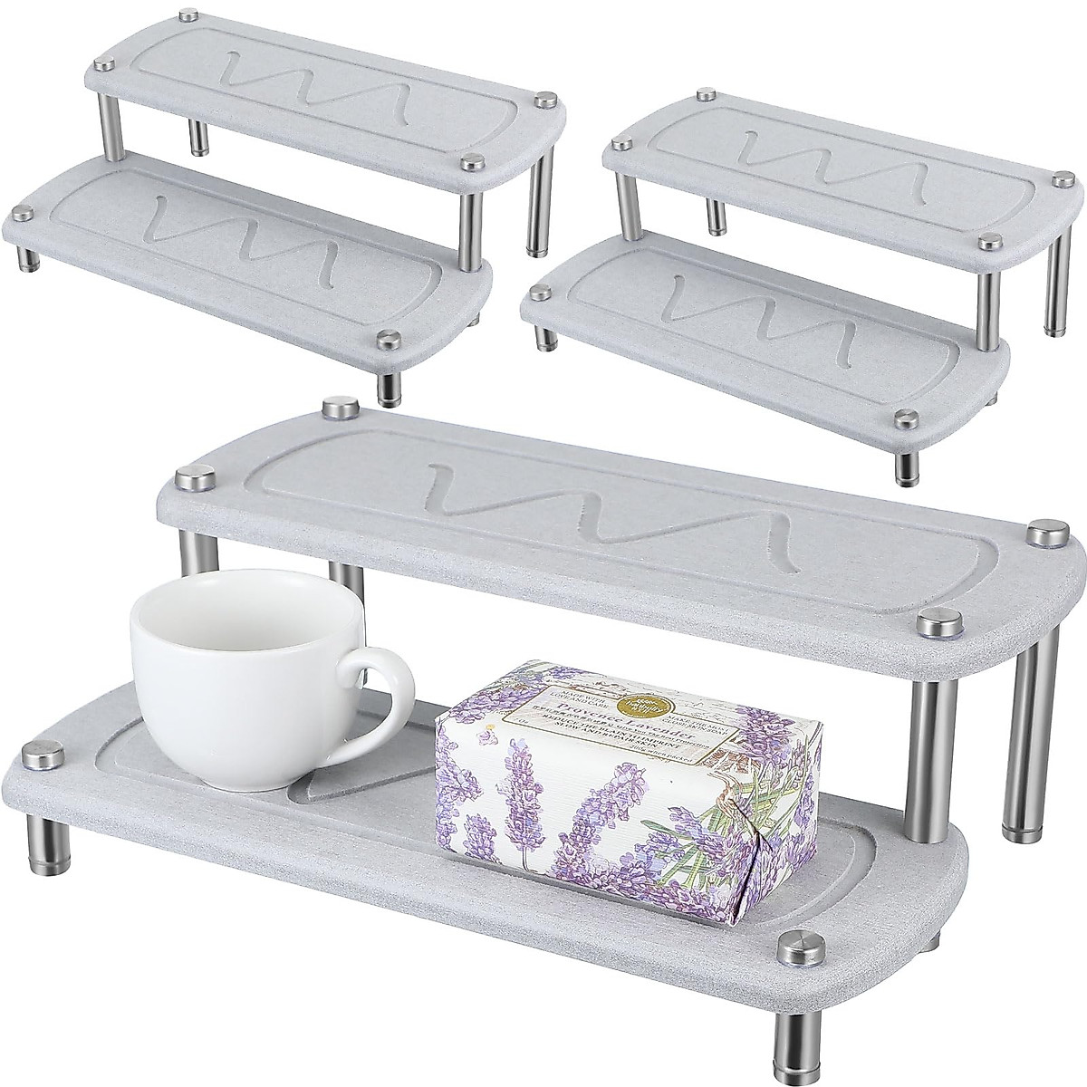 Kigley 2 Sets of Double Tiered Sink Caddy Instant Dry Sink Organizer Bathroom Counter Diatomaceous Earth Fast Drying Stone Sink Tray with Stainless Steel, 11" x 4.3" Each, Gray, White and Dark Gray