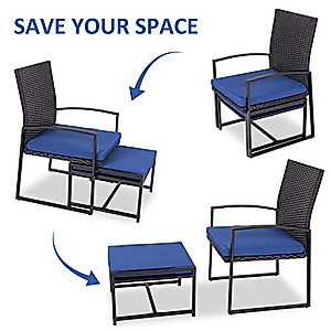 J-SUN-7 5-Piece Patio Furniture Conversation Set PE Rattan All Weather Cushioned Chairs Bistro Set with Ottoman and Glass Coffee Side Table for Balcony Porch, Dark Blue