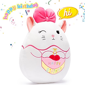 PLAYNICS Large Happy Birthday Cat Plush Pillow Stuffed Animal Toy,14" Big Size Cute Soft Fat Hugging Cuddle Huggable Plushie,Gift for Kids