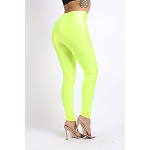 OFENTI Shiny Leggings High Waist Neon Leggings Elastic Stretch Skinny Comfy Lightweight Pants Tights Disco Party Rave Neon Yellow Medium