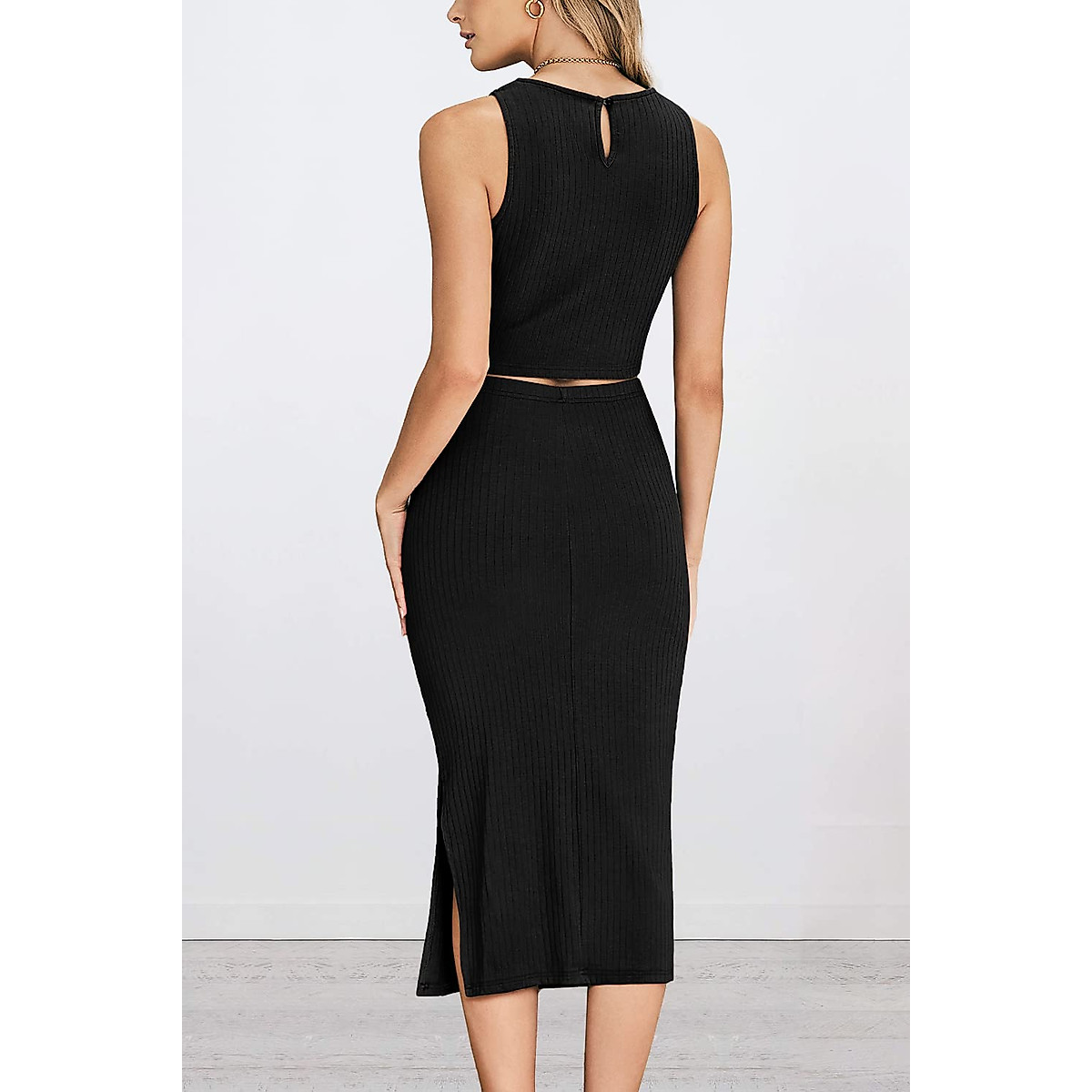 PRETTYGARDEN Women's 2 Piece Summer Outfits Crewneck Tank Tops Split Bodycon Midi Skirt Set (Black,Small)