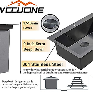 VCCUCINE Black Drop in Kitchen Sink, 33 x 22 Inch Modern Square Single Bowl Stainless Steel Basin Topmount Kitchen Sink, 16 Gauge Metal Laundry Sink with Strainer