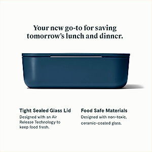 Caraway Glass Food Storage, 10 Cup Glass Container,Ceramic Coated Food Container,Easy to Store, Non Toxic, Non Stick Lunch Box Container with Glass Lids. Dishwasher, Oven,Square Shape,Navy