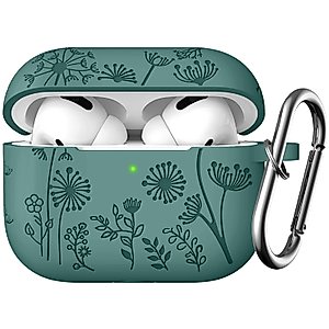 Lerobo Flower Engraved Case for AirPods Pro Case 2nd 1st Generation Case Cover/AirPod Pro Case Cover,Cute Soft Silicone Skin Full Protective Cover for Apple Airpod Case PineGreen