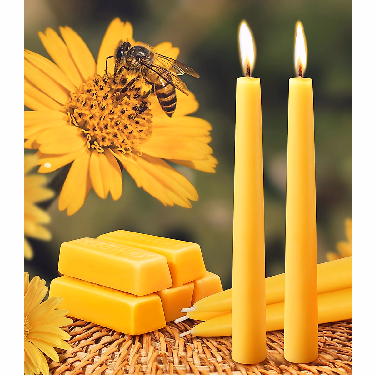 6 Packs Natural Beeswax Taper Candles- 8 inch Beeswax Candles, Smokeless and Dripless Beeswax Candles- 8 Hour Burn Time Beeswax Candlesticks- for Christmas Home Decor Air Purification Spa Relaxation