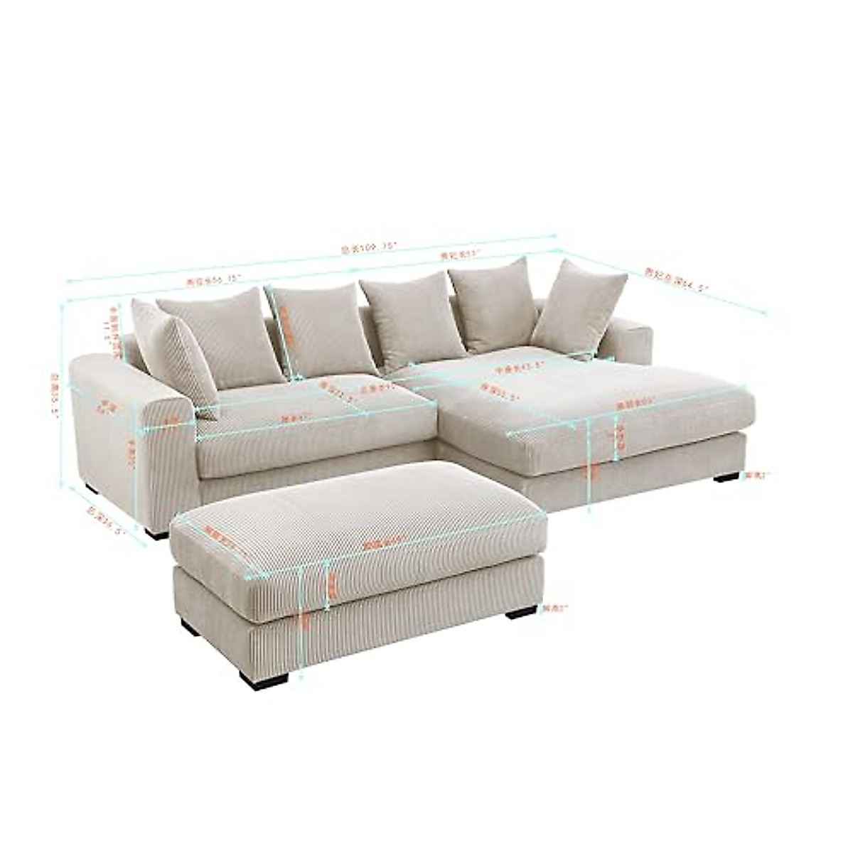 Oversized 3-Piece Right Facing Sectional Sofa Couches W/Ottoman for Living Room, 109.75-Inch L Shaped Corduroy Upholstered Convertible Sofa&Couch with Left Chaise Daybed and 6 Pillows