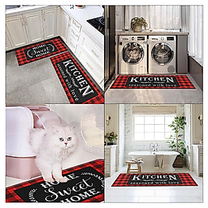 Arttown Anti-Fatigue Kitchen Rug Set of 2 Black Red Buffalo Plaid Cushioned Floor Mat, Standing Waterproof Non-Slip Mat and PVC Ergonomic Comfort Foam Rug for Kitchen