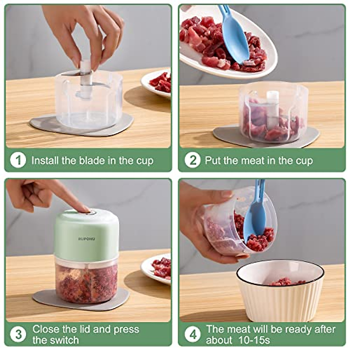 RUPOHU Wireless Electric Mini Food Choppers, Green Powerful Electric Garlic Chopper，Small Food Processor For Garlic Pepper Chili Onion Celery Ginger Meat with Spoon and Brush（100+250ml)