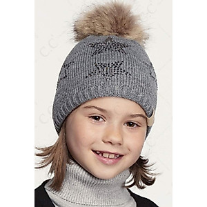 ScarvesMe Children Kids Girl Boy Ages 2-7 Star Rhinestone Knit Hat Beanie Faux Fur Pom Ivory