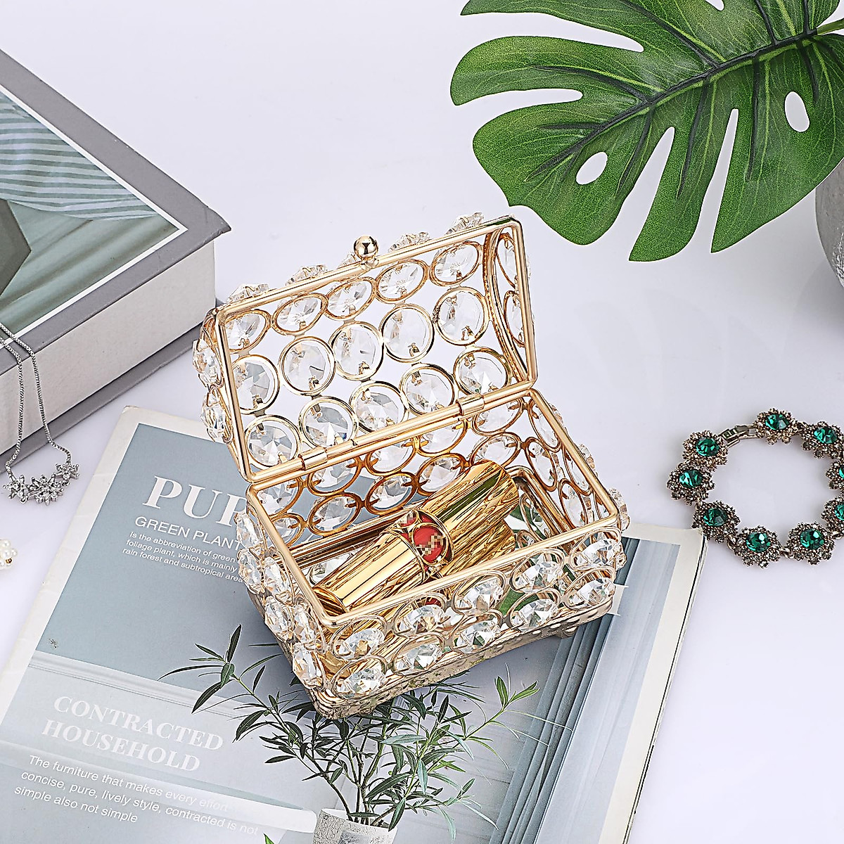 Hipiwe Crystal Jewelry Trinket Box Gold Mirrored Treasure Chest Box Small Keepsake Box Decorative Jewelry Display Case Organizer Earrings Rings Storage Box Gift for Women Girls