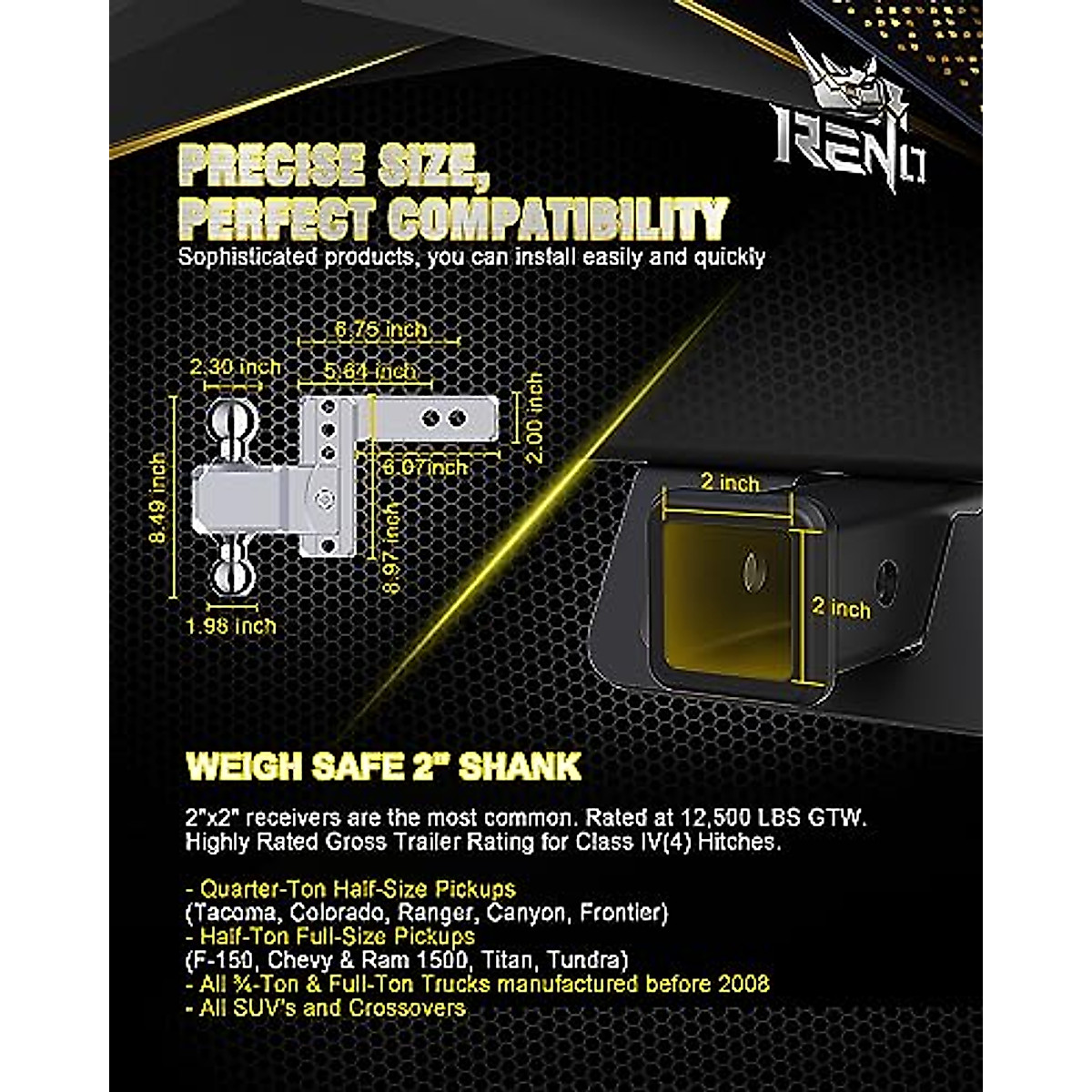 RENO Adjustable Trailer Hitch, Aluminum Dual-Balls with 2 Inch and 2-5/16 Inch, 4" Rise/Drop Hitch Ball Mount for 2" Receiver - 12,500 lbs Towing Capacity