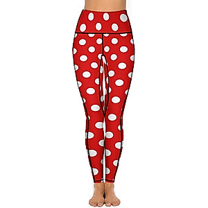 SKT T1 Polka Dot Yoga Pants for Women, White Dots Circle Round on Red Leggings with Pockets, Soft High Waist Women's Novelty Tights Tummy Control Workout Athletic Pants Activewear Leggings M
