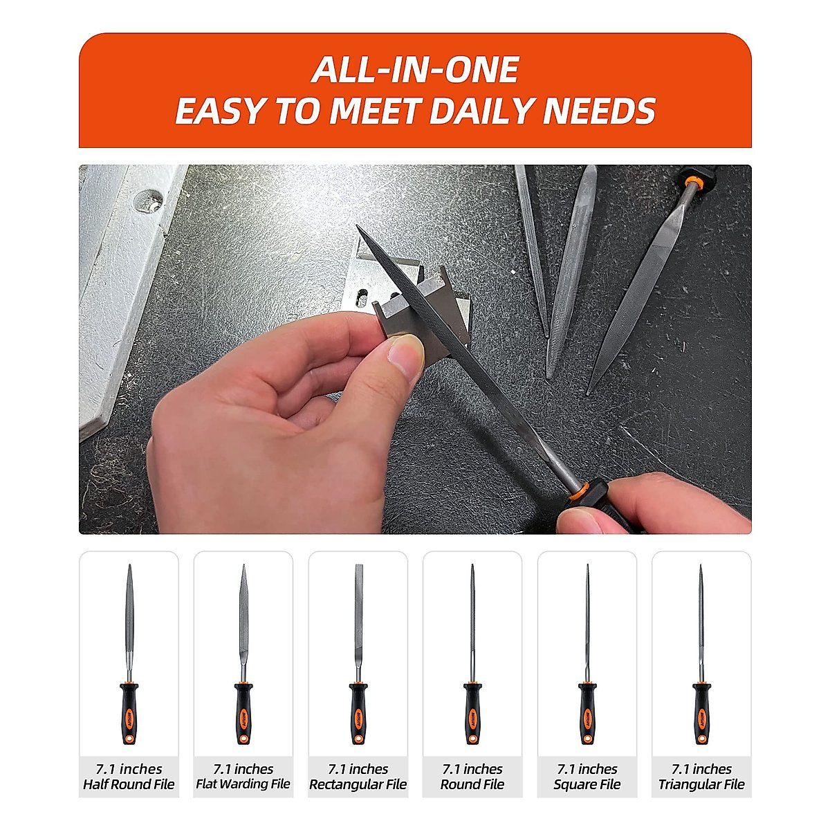 DIFFLIFE 7'' Needle File Set (Carbon Steel 6 Piece-Set) File Handles, Hardened Alloy Strength Steel - Set Includes Flat, Flat Warding, Square, Triangular, Round, and Half-Round File (6-Piece)