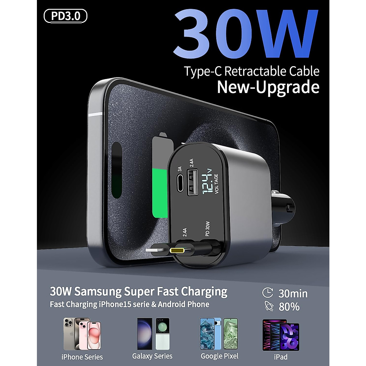 Retractable Car Charger, 4 in 1 Fast Car Phone Charger 66W, Retractable Cables and USB Car Charger,Compatible with iPhone 15/14/13/12/11,Galaxy,Pixel