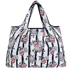 allydrew Large Foldable Tote Nylon Reusable Grocery Bags, 3 Pack, Vintage Flowers