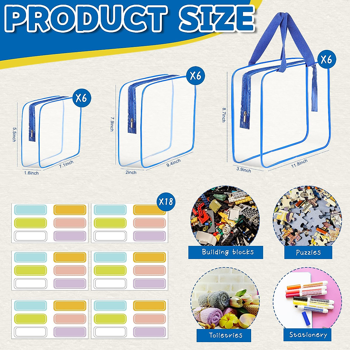 18 Packs Large Toy Storage Bags with Labels, Clear PVC Bags Travel Waterproof Kids Toy Organizer Bags with Zipper for Building Blocks Puzzle Kids Books (Blue)