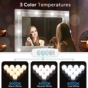 LED Vanity Lights for Mirror, Vanity Lights Stick on with 10 Dimmable Bulbs, 3000K 4000K 6500K & 10 Level Brightness Adjustable, USB Cable, Hollywood Mirror Lights for Makeup Dressing Room Bathroom