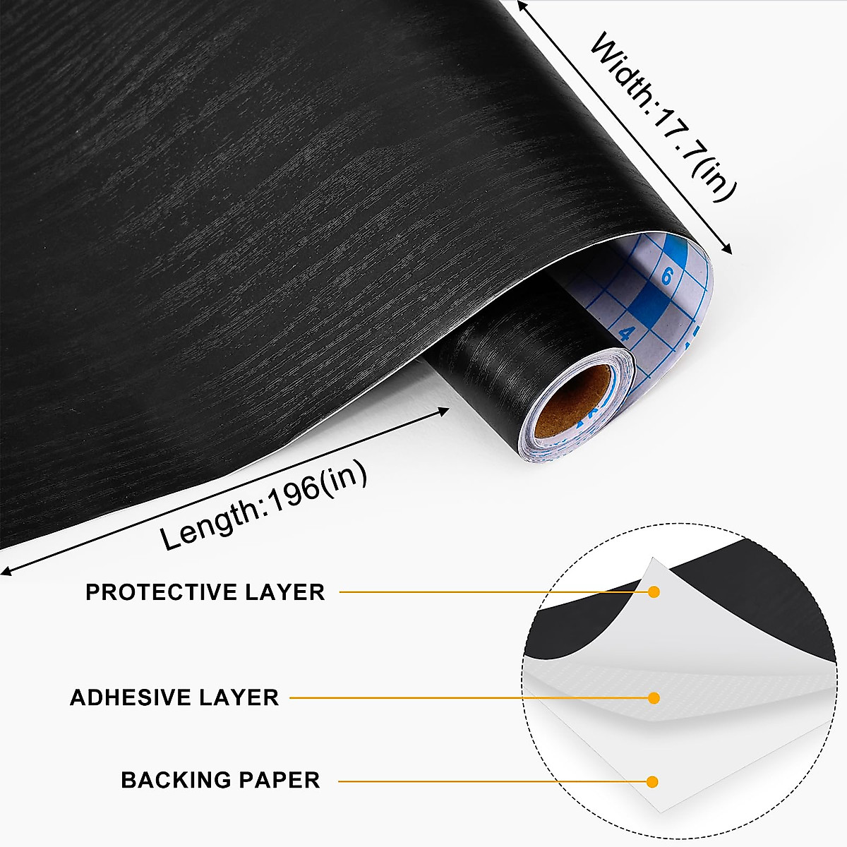 HATOKU 17.7" x 196" Black Wood Peel and Stick Wallpaper, Contact Paper for Cabinets PVC Self Adhesive Wallpaper for Desk Drawer Shelf Liner