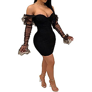 Uni Clau Women Sexy Mesh Sheer Puff Long Sleeve Mini Dress Bodycon Deep V Neck Patchwork Party Clubwear Dress Black 2XL