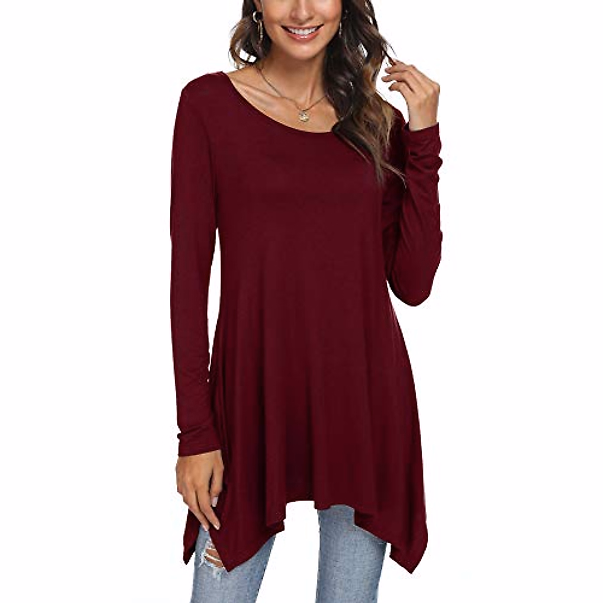 POPYOUNG Womens Fall Long Sleeve Asymmetrical Hem Loose Tunic Tops Flowy Casual Blouses Shirt L, Wine Red