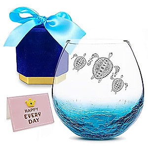 Valentines Day Gifts for Mother Father, Tribal Sea Turtles Handmade Engraved Crackle Turquoise Wine Glass, Gifts for Turtle Lovers Women