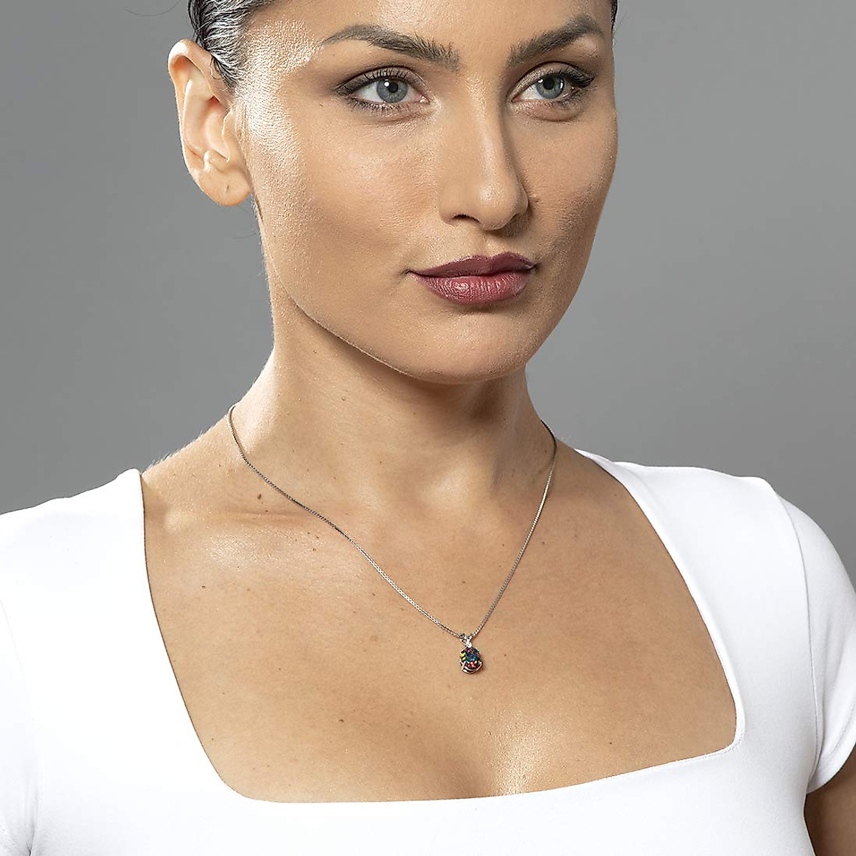 PEORA 14K White Gold Created Black Opal with Genuine Diamond Pendant for Women, Elegant Solitaire, Oval Shape, 10x8mm, 1 Carat total