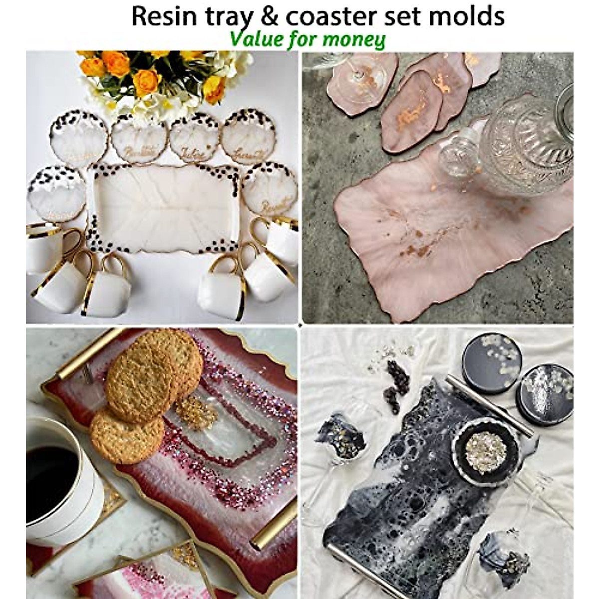 Booshow XL Resin Tray Mold Silicone & 3Pcs Geode Coaster Molds for DIY Crafts, Epoxy Resin Casting Molds for Making Faux Agate Tray, Serving Board, Home Decorations