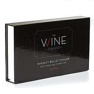 Bullet Whiskey Chillers Stones - 1.75in Whiskey Rocks by The Wine Savant Set of 6 - Stainless Steel Bullet Shaped Ice Cubes, Gift Box Come, Tongs and Storage Bag, Whiskey or Scotch Rocks (Silver)