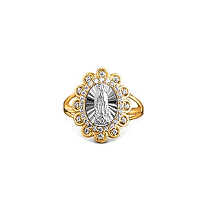 Savlano 18K Yellow & White Gold Plated Oval Lady of Guadalupe Virgin Mary with Round Cut Cubic Zirconia Women Religious Floral Ring (8)