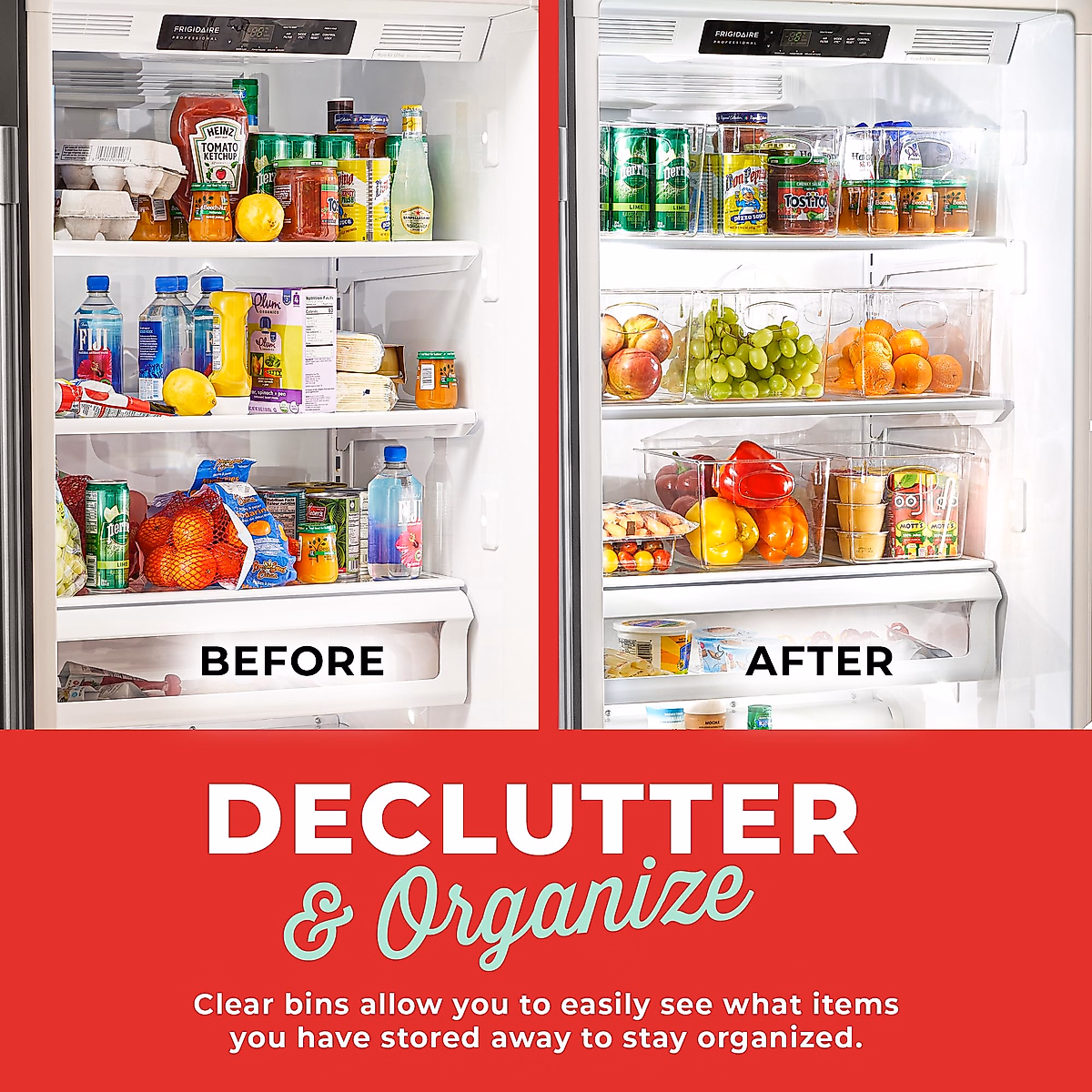 Clear Refrigerator Organizer Bins - Plastic Fridge Organizers - Storage Containers for Organizing Pantry, Cupboard, Cabinet, Freezer, Food, Fruit, Kitchen, Bathroom - Refrigerator Storage Bin set of 2