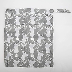Sigzagor 2 Wet Bags Reusable Diaper Nappy Waterproof With Two Zippered Pockets (Gray Arrow and Deer Heads)