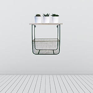 VIP Home and Garden Wooden Floating Shelf with a Metal Basket, Wall Mounted, Farmhouse Décor, 16 Inches, White, Brown