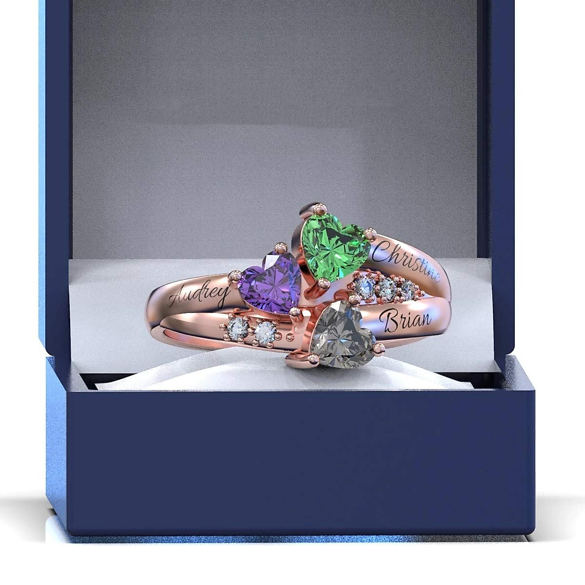 Personalized Mothers Rings with 3 Simulated Birthstones for Women Engraved Family Name Rings for Grandmother Mother Anniversary Rings (Rose Gold, 7)